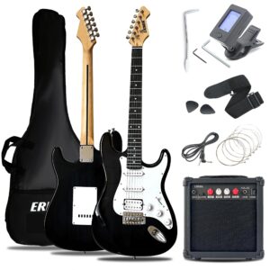 ermik soild body electric guitar kit with amp 20w, strings, strap, digital tuner, picks, gig bag, cable, tremolo bar, 39" full size guitar hss pickups guitarra electrica beginner gift - black