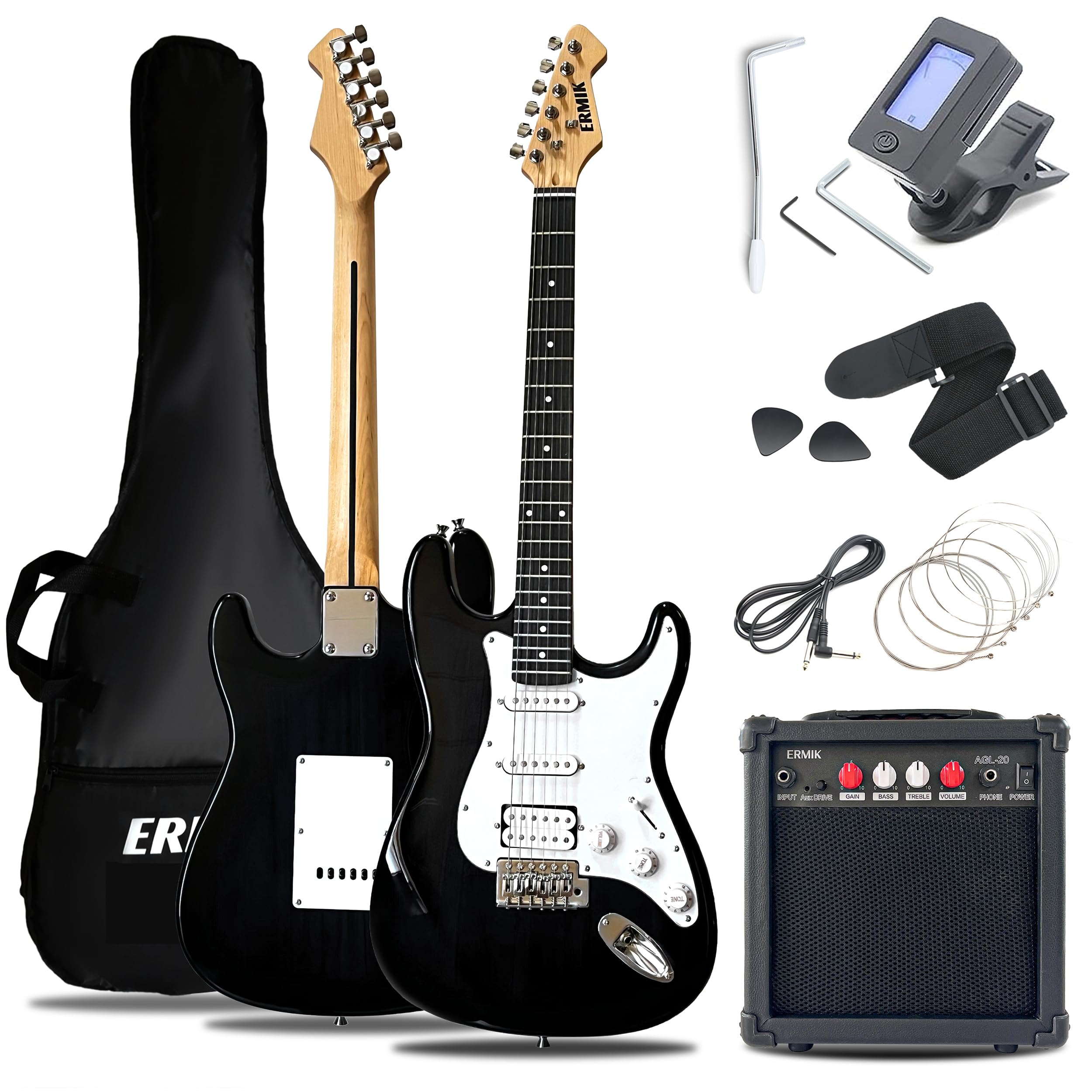 Ermik Soild Body Electric Guitar Kit with Amp 20W, Strings, Strap, Digital Tuner, Picks, Gig Bag, Cable, Tremolo Bar, 39" Full Size Guitar HSS Pickups Guitarra Electrica Beginner Gift - Black