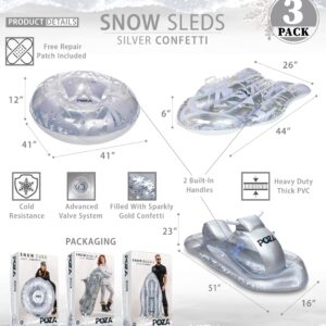 POZA Inflatable Silver Snow Tubes Collection - Silver Snow Sled Tube, Snowmobile, Boogie Sled with Handles and Snowflake Confetti, Cold Resistant Heavy Duty PVC Tube Sled for Adults and Kids - 3 Piece