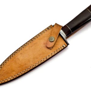 Nooraki DK-347 Handmade Damascus Steel Fixed Blade Dagger Knife with Leather Sheath, Multipurpose Knife with Coloured Bone and Rosewood Handle for Hunting, Hiking, Camping, Survival, 11 length