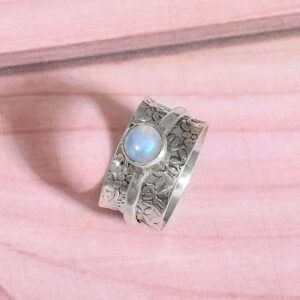 Sechi 925 Sterling Silver Rainbow Moonstone Floral Engraved Boho Handmade Oxidized Spinner Band Ring Stylish Jewelry for Women Meditation Stress Relieving Gifts