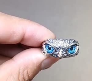 925 Sterling Silver Owl Ring blue or red eyes for men and women animal jewelry (Blue)