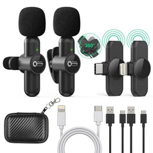 wireless lavalier microphones for iphone ipad android, (2 mics with 2 receivers) 2.4hz plug-play reverberation,auto-sync lapel microphone for facebook, youtube,tiktok,video recording,vloggers