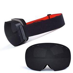 jueshanzj ski goggles 100% uv protection snow goggles for men, women black frame + black film + black red belt