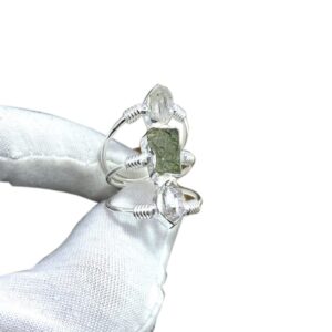 Natural Crystal & Moldavite Gemstone Ring, 925 Sterling Silver Ring, Raw Moldavite Ring, Handmade Ring, Shungite Ring, Birthstone Ring, Statement Ring, Gift for Mom, Rough Gemstone Ring, White