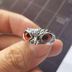 925 Sterling Silver Owl Ring blue or red eyes for men and women animal jewelry (Blue)