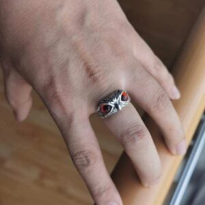 925 Sterling Silver Owl Ring blue or red eyes for men and women animal jewelry (Blue)