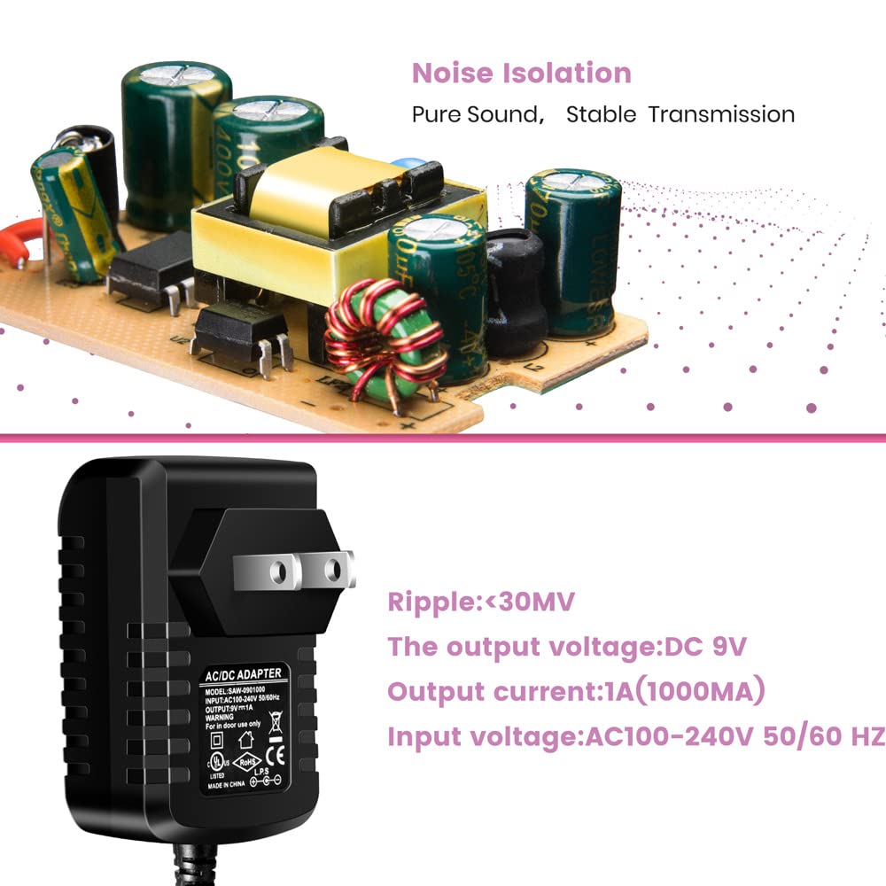 Guitar Pedal Power Supply Adapter 9V DC 2A(2000mA) Tip Negative 8 Way Daisy Chain Cables for Effect Pedal (9V2A1TO8)