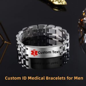 Nameinhea Custom Medical Alert Bracelets for Women Men Free Engraved Adjustable Stainless Steel Waterproof Emergency Medical ID Bracelets Allergy Wristband