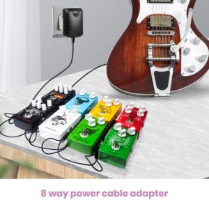 Guitar Pedal Power Supply Adapter 9V DC 2A(2000mA) Tip Negative 8 Way Daisy Chain Cables for Effect Pedal (9V2A1TO8)