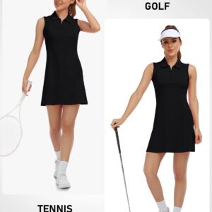 MoFiz Women's Golf Tennis Polo Dress Sleeveless Zip Up Lightweight Quick Dry Moisture Wicking Athletic Sports Workout Black M