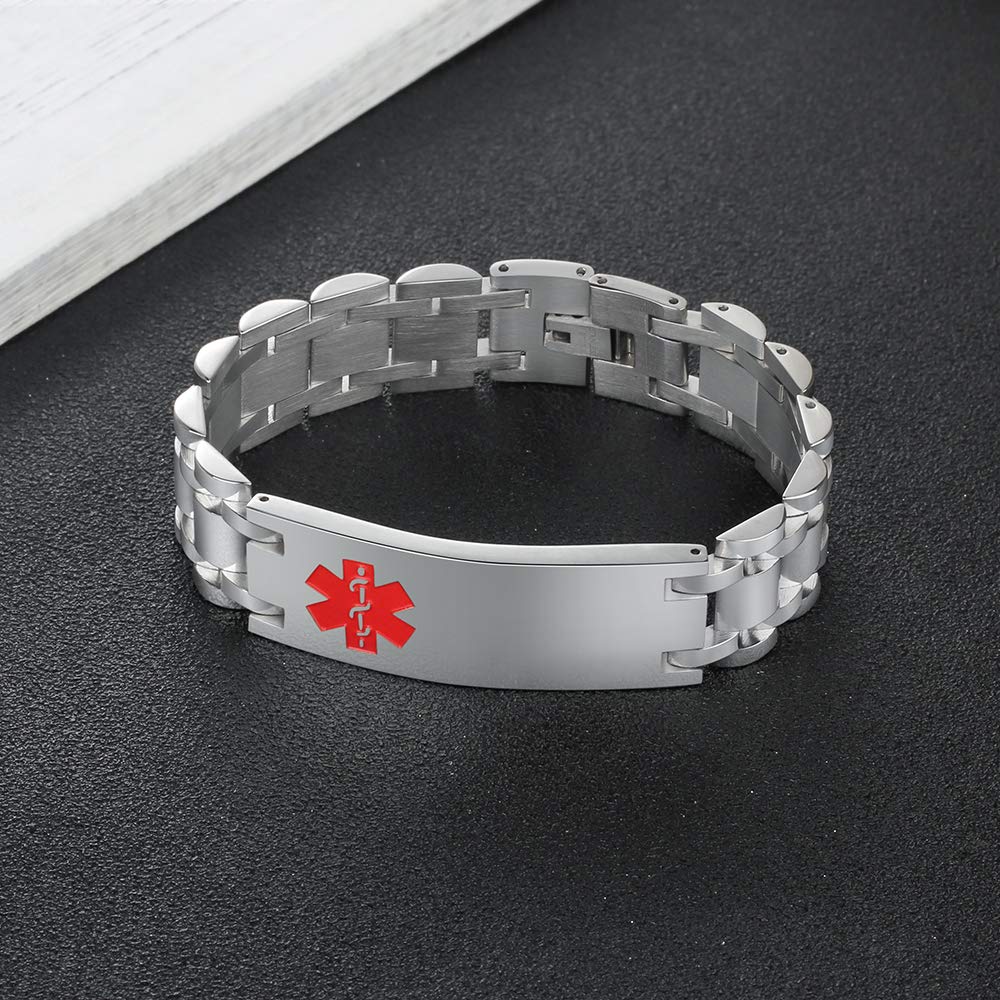 Nameinhea Custom Medical Alert Bracelets for Women Men Free Engraved Adjustable Stainless Steel Waterproof Emergency Medical ID Bracelets Allergy Wristband