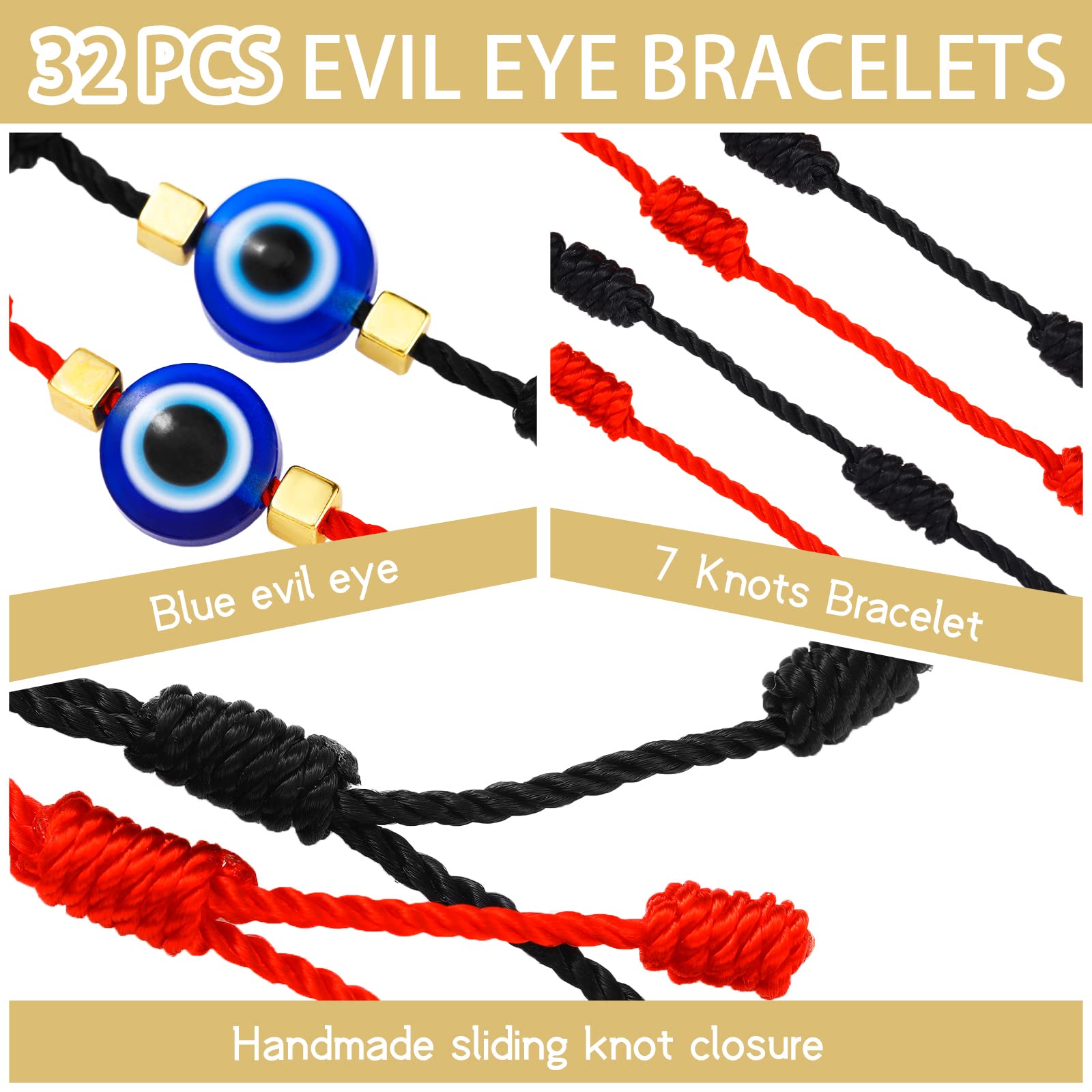 32 Pieces Evil Eye Bracelets Adjustable Evil Eye String Knot Bracelet Good Luck Amulet Bangle Braided Rope Bracelet Evil Eye Charm Strand Bracelet for Women Men(Red, Black, Blue)