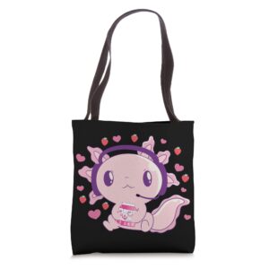 strawberry milk kawaii axolotl japanese shake retro 90s tote bag