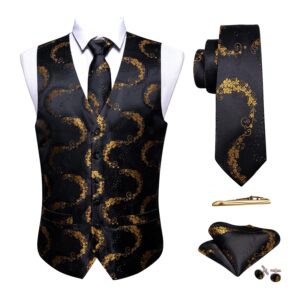 barry.wang mens suit vest gold flower silk jacquard waistcot ties set formal/leisure 5pcs