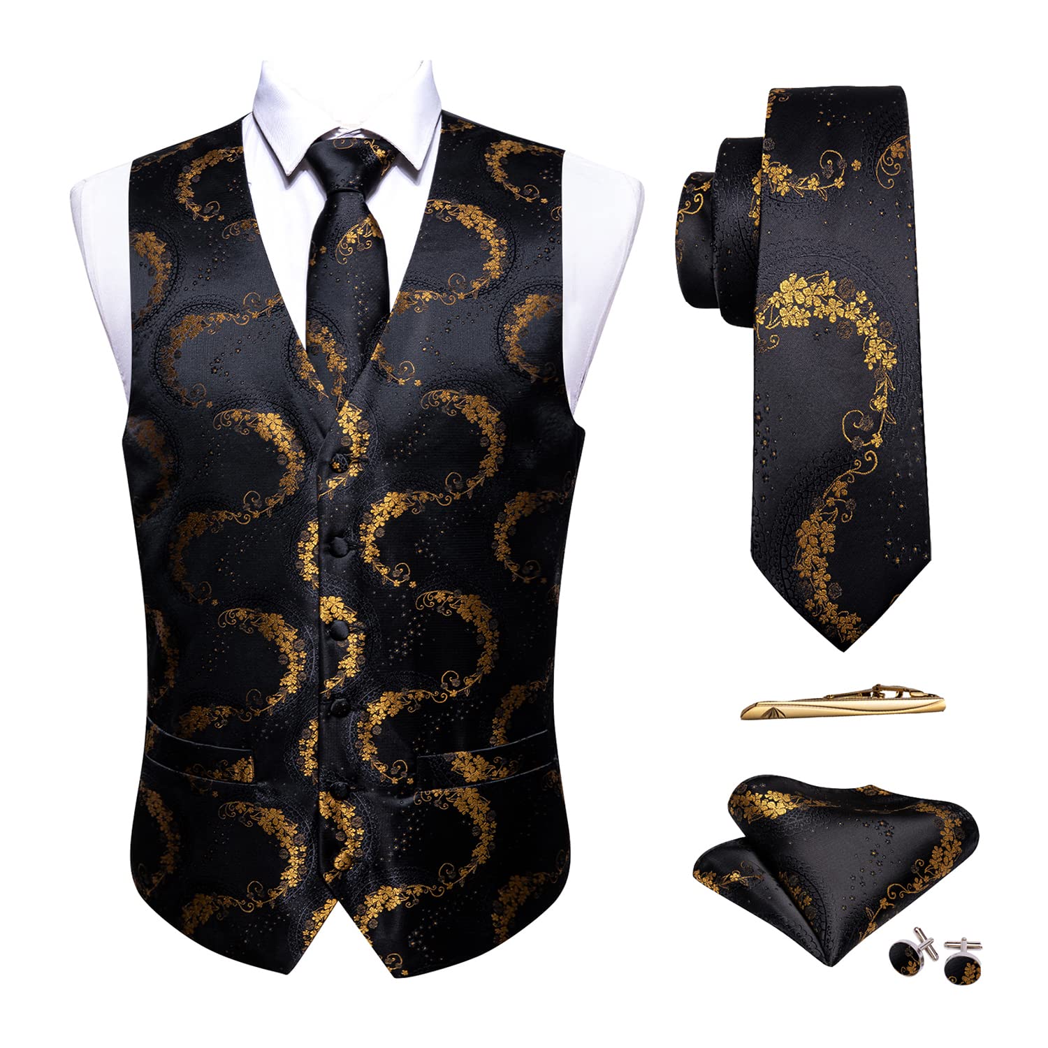 Barry.Wang Mens Suit Vest Gold Flower Silk Jacquard Waistcot Ties Set Formal/Leisure 5PCS