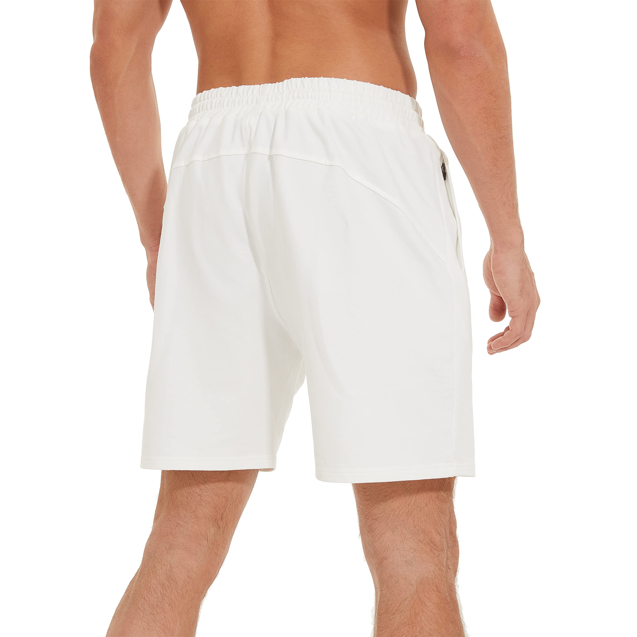 HEALONG Mens Athletic Shorts Cotton: Gym Workout Running Exercise Training - 7" Elastic Waist Drawstring Fashion Casual Sports for Men with Zipper Pockets White