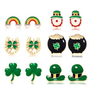 nlcac 6 pack st.patrick's day earrings green shamrock leprechun horseshoes rainbows gold pot hat stud earrings lucky irish holiday jewelry gifts for women