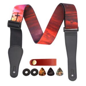 rauyivany guitar strap, sunset cross print pattern with leather end guitar straps, adjustable length, with strap lock + button + 3 picks for acoustic, electric, bass and classical guitars