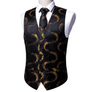 Barry.Wang Mens Suit Vest Gold Flower Silk Jacquard Waistcot Ties Set Formal/Leisure 5PCS