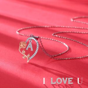 Sterling Sliver Heart Initial Necklaces for Women Girls Jewelry, Dainty Rose Flower Heart Letter S Necklace Unique Initial Necklaces for Women Girls Mothers Day Valentines Birthday Christmas Gifts