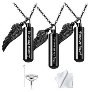 weikui 3 pieces cylinder urn necklace for ashes memorial keepsake pendant with angel wing stainless steel remembrance cremation jewelry(3pcs black pendant)