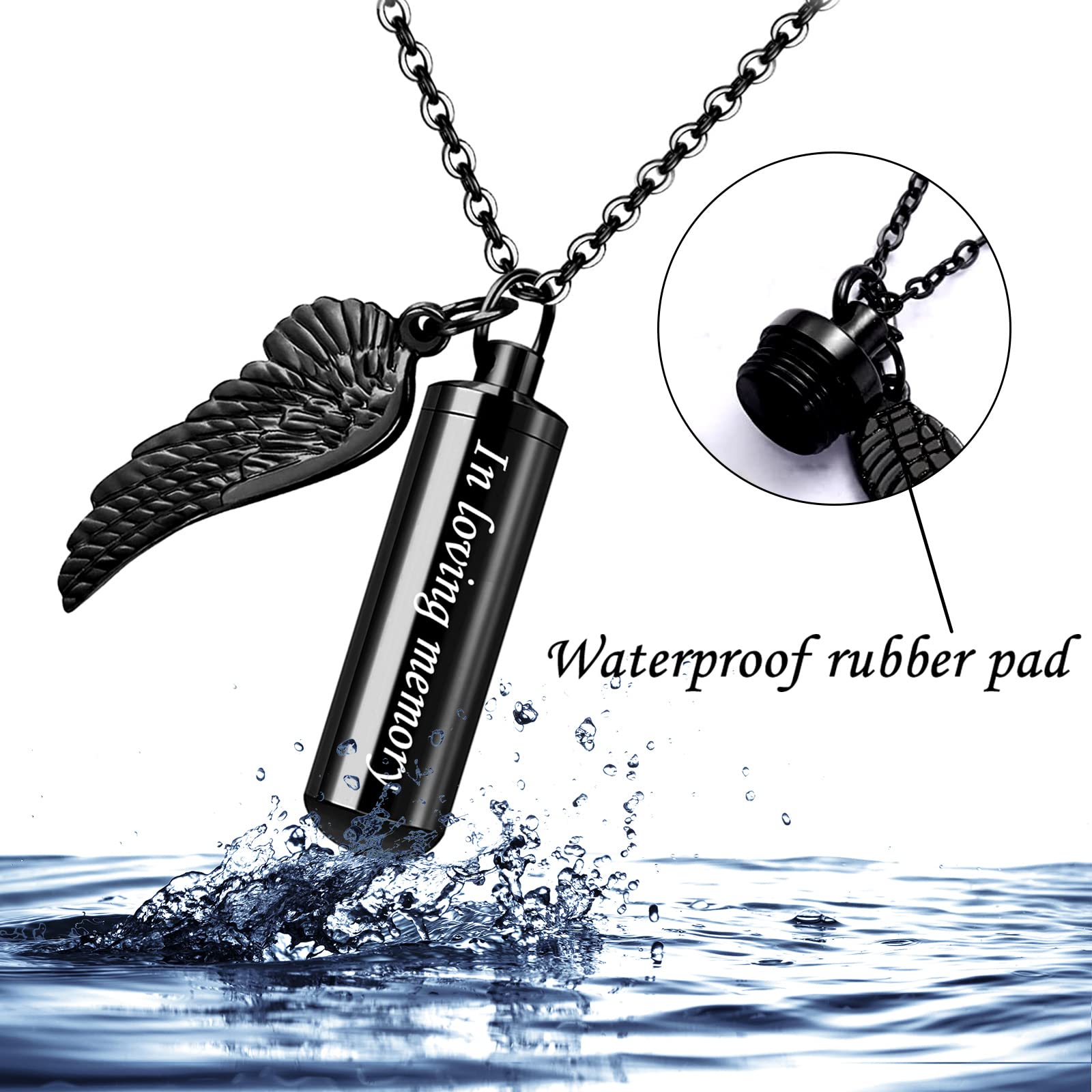 weikui 3 pieces Cylinder Urn Necklace for Ashes Memorial Keepsake Pendant with Angel Wing Stainless Steel Remembrance Cremation Jewelry(3Pcs Black Pendant)