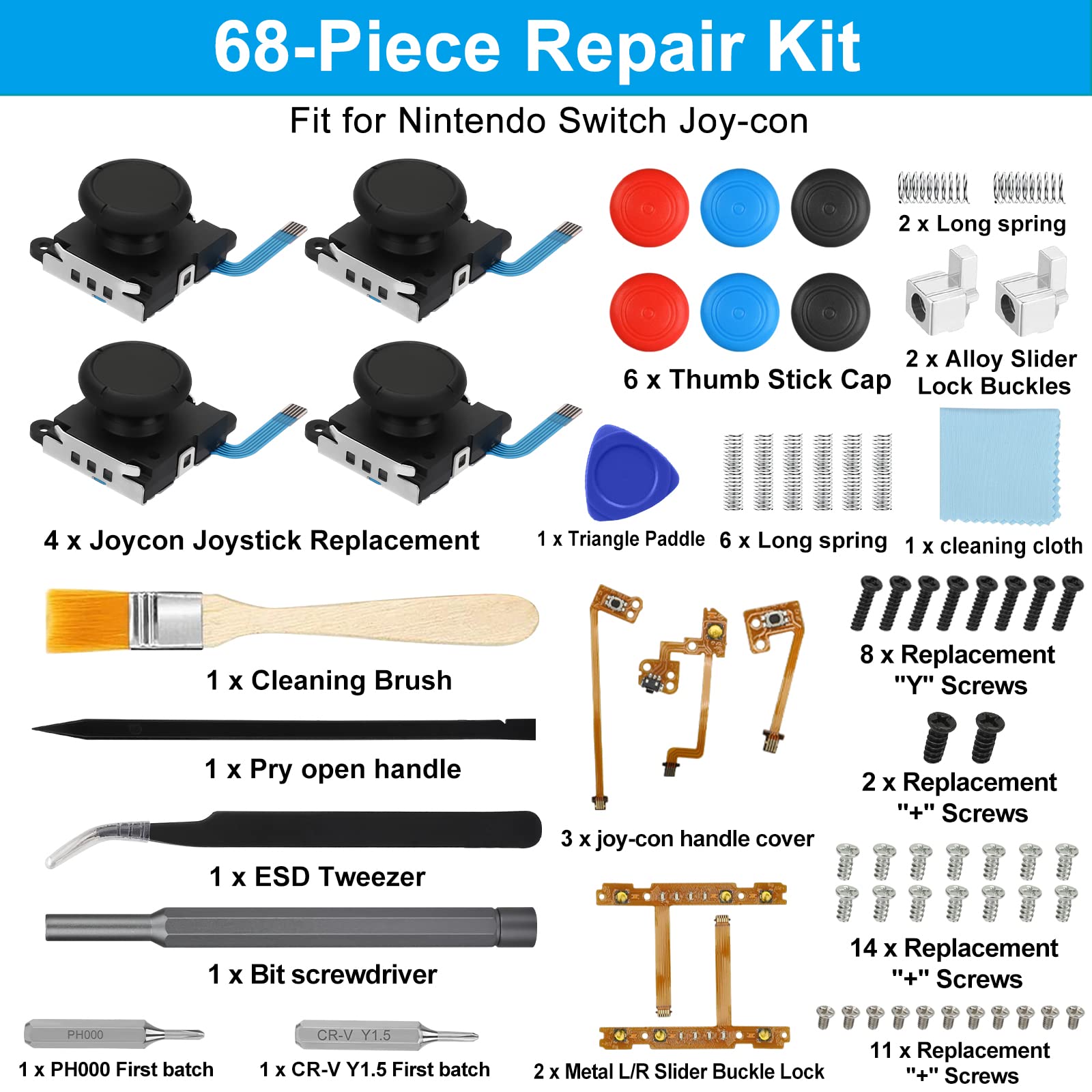 EEEKit Joystick Replacement for Joycon, 3D Analog Thumb Stick Repair Kit for Switch, Switch Lite, Switch OLED, 68PCS