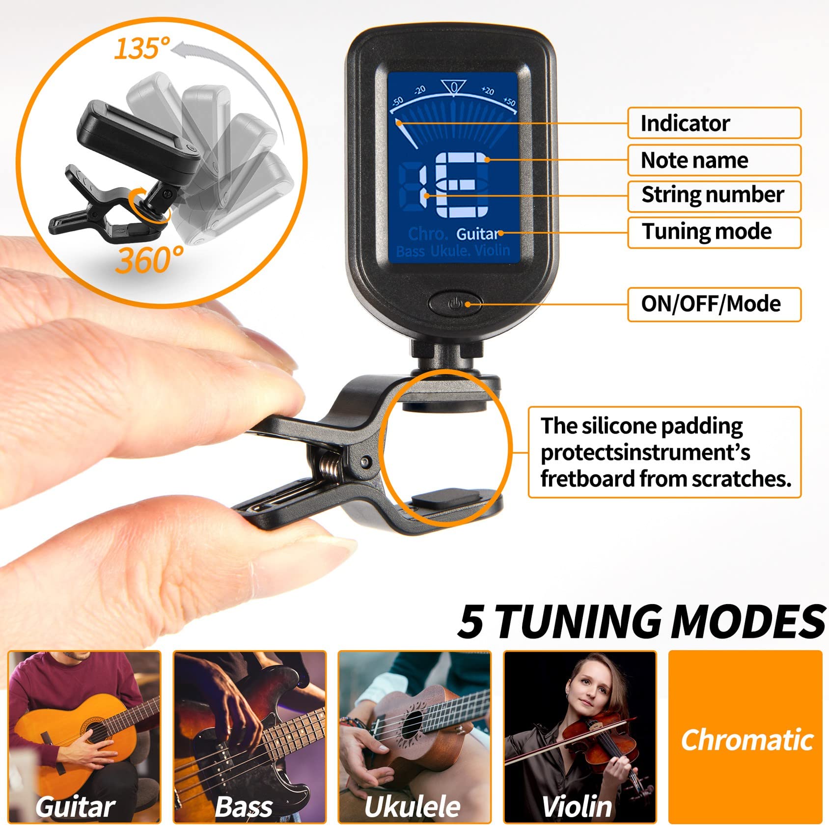 Guitar Tuner Clip On Ukulele Tuner 1 Pack for Guitar Bass Ukulele Violin banjo Tuner