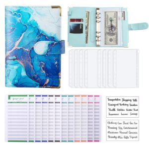 budget binder, a6 marble pu leather binder, money saving organizer/ planner with 8 zipper cash envelopes, 12 expense budget sheets & 2 letter label sticker for budgeting