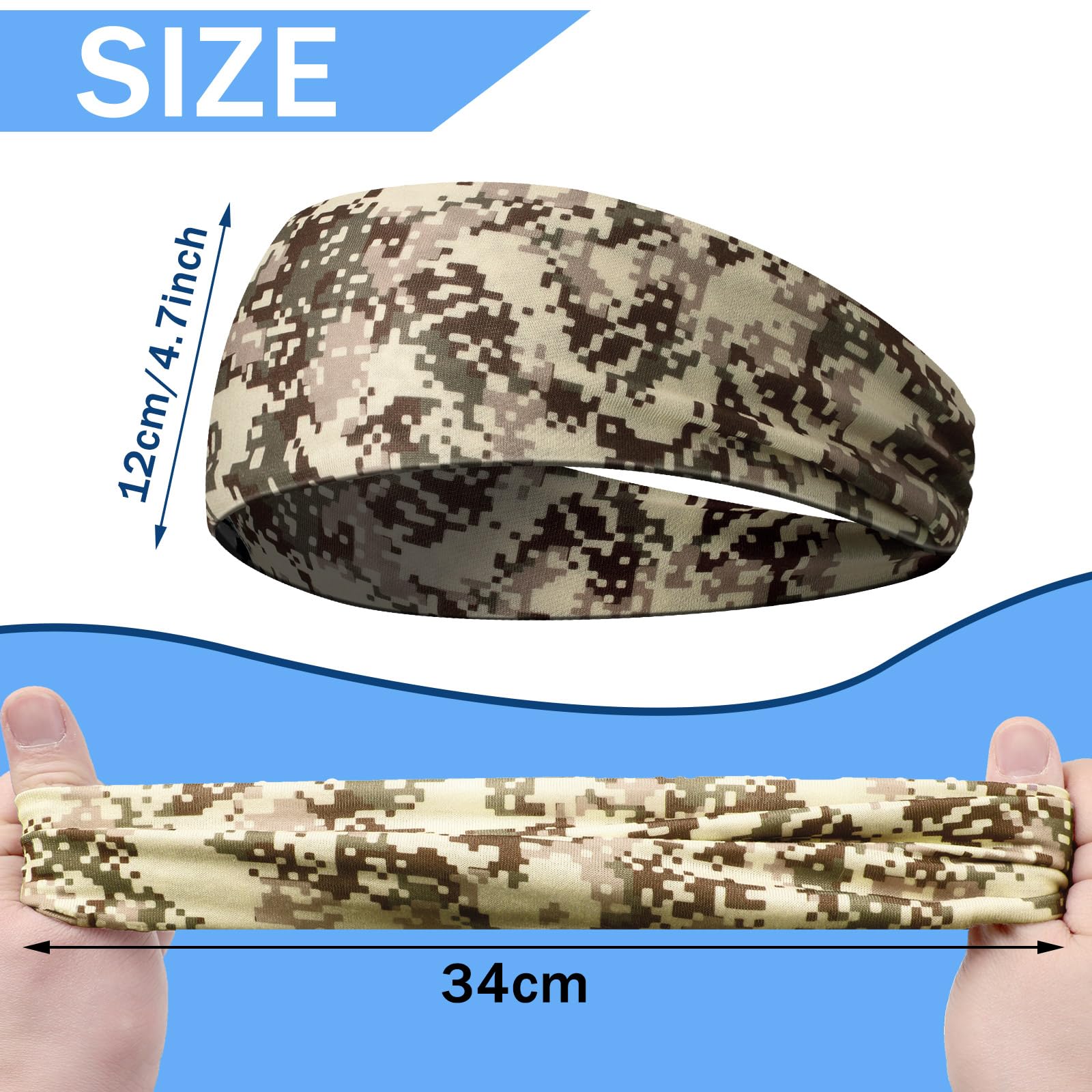 Sweatbands, Workout Sport Headbands for Men Camo Sweat Absorbing Headband Wide Sweatband for Head Basketball Football Cycling Running Yoga, 4.7 x 9.8 Inch (Mixed Style)