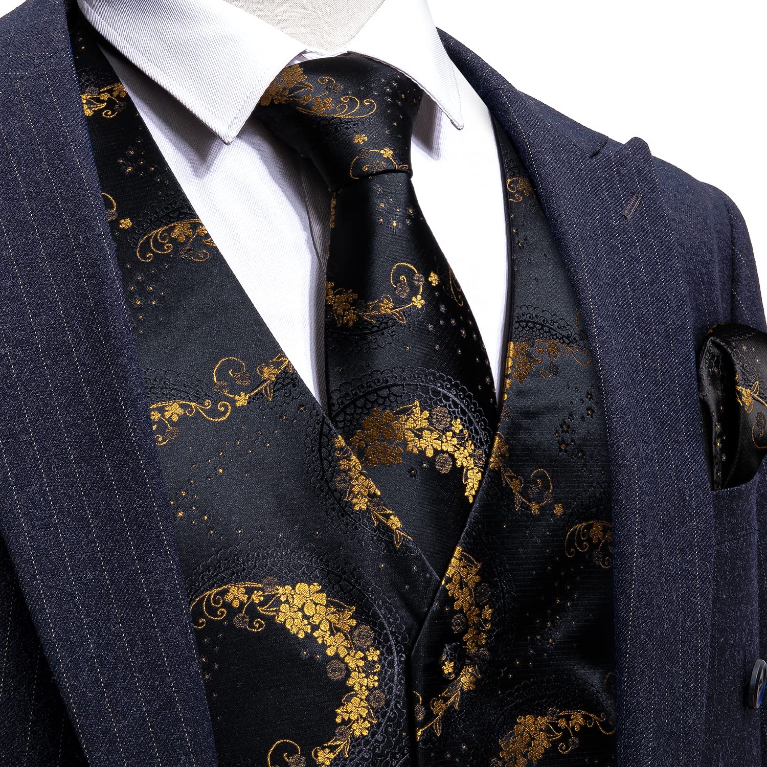 Barry.Wang Mens Suit Vest Gold Flower Silk Jacquard Waistcot Ties Set Formal/Leisure 5PCS