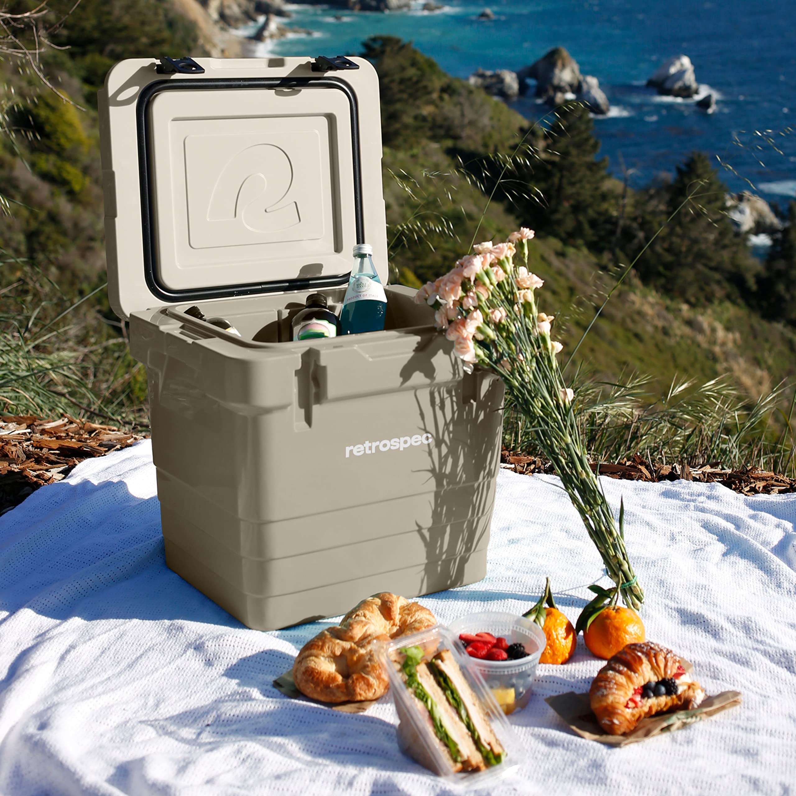 Retrospec Palisade Rotomolded 25 Qt Cooler - Fully Insulated Portable Ice Chest with Built in Bottle Opener, Tie-Down Slots & Dry Goods Basket - Large Beach, Camping & Travel Coolers - Dune