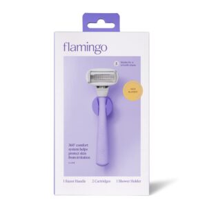 flamingo women's 5 blade razor: lilac razor handle with shower holder + 2 razor blade refills, 3 piece set