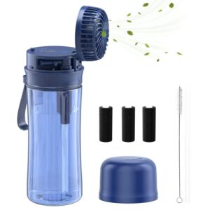 handfan bottle - 20 oz, 2 lids (straw lids), leak proof - fitness water bottles and flasks with cooling handheld fan for men, women and children - valentine's day gift for men or women - blue