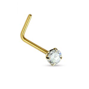 14 karat 14k solid yellow gold solid round cz l bend nose stud ring 20g 1/4" - clear