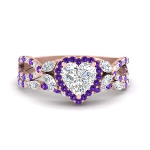 CaratYogi Heart Halo Bridal Ring Set 14k Rose Gold Plated Natural Amethyst Heart Shape Purple Color Wedding Ring Sets Pave Setting in Size 6 for Women