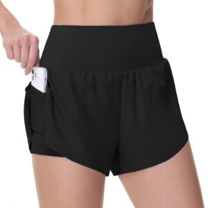 the gym people women’s quick dry running shorts mesh liner high waisted tennis workout shorts zipper pockets (medium, black)