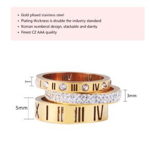 UNAPHYO Roman Numeral Stackable Rings for Women 3pcs Set Stainless Steel Cubic Zirconia Engagement Wedding Bands Stacking Ring Gold Plated Size 8