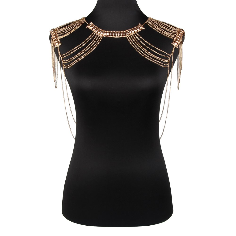 Beauty7 Body Chain Harness Link Necklace Gold Shoulder Chain Collar Dangling Tassels for Bridal Women Prom Party Wedding Dress Accessory Fashion Multilayer Jewelry