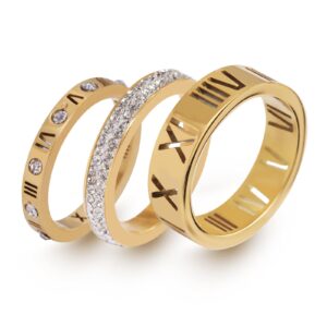 UNAPHYO Roman Numeral Stackable Rings for Women 3pcs Set Stainless Steel Cubic Zirconia Engagement Wedding Bands Stacking Ring Gold Plated Size 8