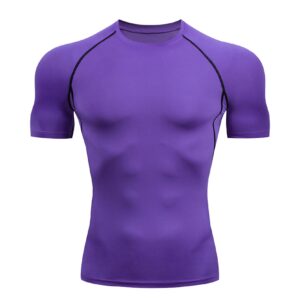 men short sleeves compression top base layer undershirt workout athletic shirt running sport dry fitted sleeve purple