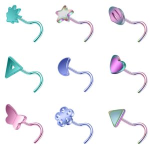 zs 9pcs 20g nose rings for women, 316l stainless steel nose piercings jewelry, colorful screw l-shape nose studs rings (corkscrew)