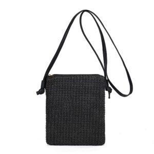 women straw crossbody purse bag, cute handwoven rattan bag mini weave shoulder beach bag, girls summer crossbody purse and handbag for beach sea travel (black)