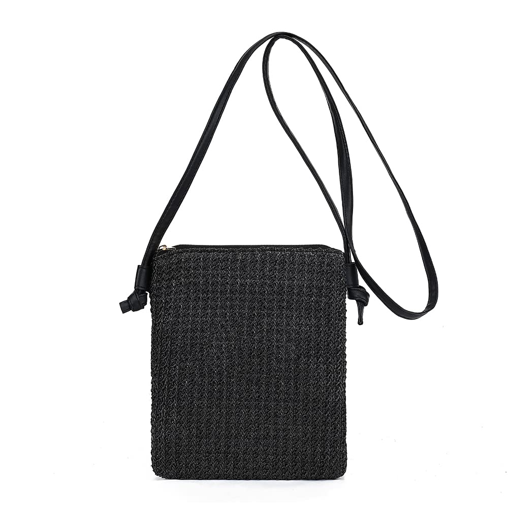 Women Straw Crossbody Purse Bag, Cute Handwoven Rattan Bag Mini Weave shoulder beach bag, Girls Summer Crossbody Purse and Handbag for Beach Sea Travel (Black)