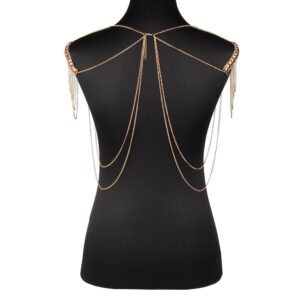 Beauty7 Body Chain Harness Link Necklace Gold Shoulder Chain Collar Dangling Tassels for Bridal Women Prom Party Wedding Dress Accessory Fashion Multilayer Jewelry