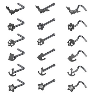 zs 20g corkscrew nose rings surgical steel l-shaped nose studs bat skull nose bone stud nose piercing jewelry for women (18pcs black)