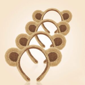 siotmera brown bear ears cute headband fluffy hairband animal head wear for party celebrations trips decoration cosplay dress up costume makeup washing face kids adults womens gift, 4 packs