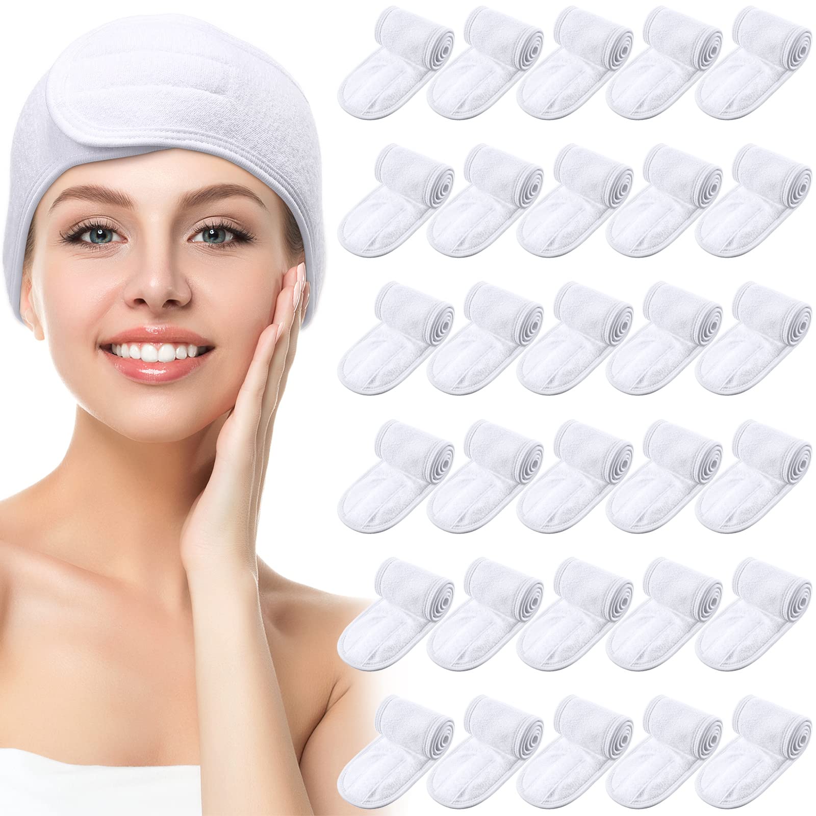 Hoteam 30 Pack Hairband, Polyester Spa Headband for Washing Face Makeup Headband for Shower Bath Sport, Adjustable Towel with Hook and Loop Non Slip, White