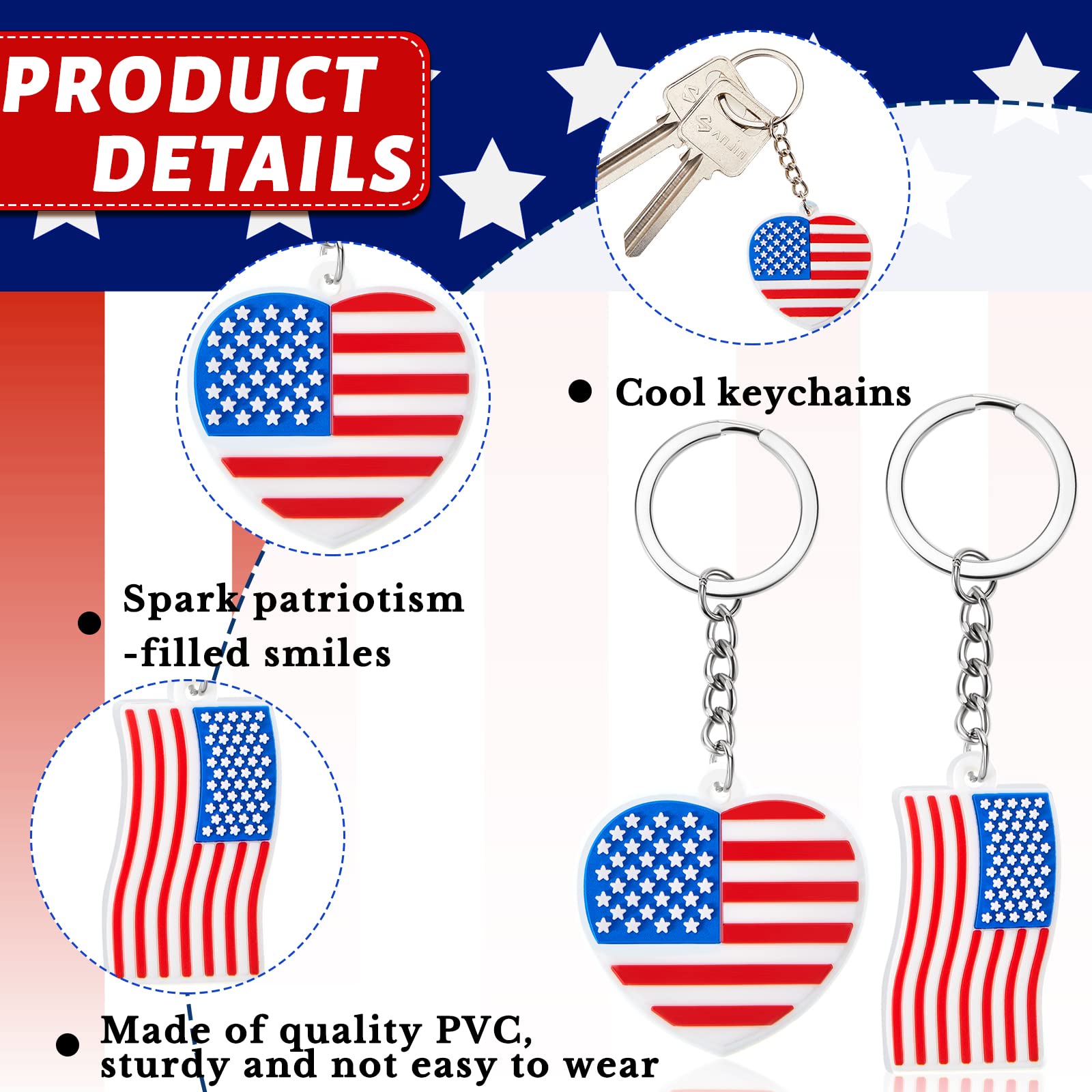 40 Pack American Flag Keychains 4th of July Party Favors for Adults USA Flag Heart Souvenir Keychain Accessories Patriotic Key Chain Flag American Flag Gifts for Veterans Day Independence, 2 Styles